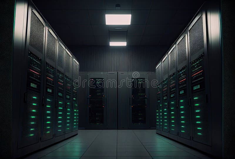 Data Center. Racks with Servers. Long Corridor. Glowing Light Bulbs ...