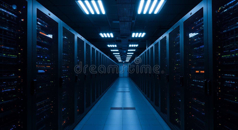 Data Center Realm: Servers in Blue Light, it Infrastructure, Computing Power, Digital Backbone ...