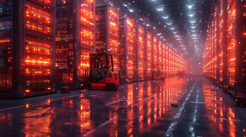 Data Center with Red Glowing Servers - Generative Ai Stock Illustration ...
