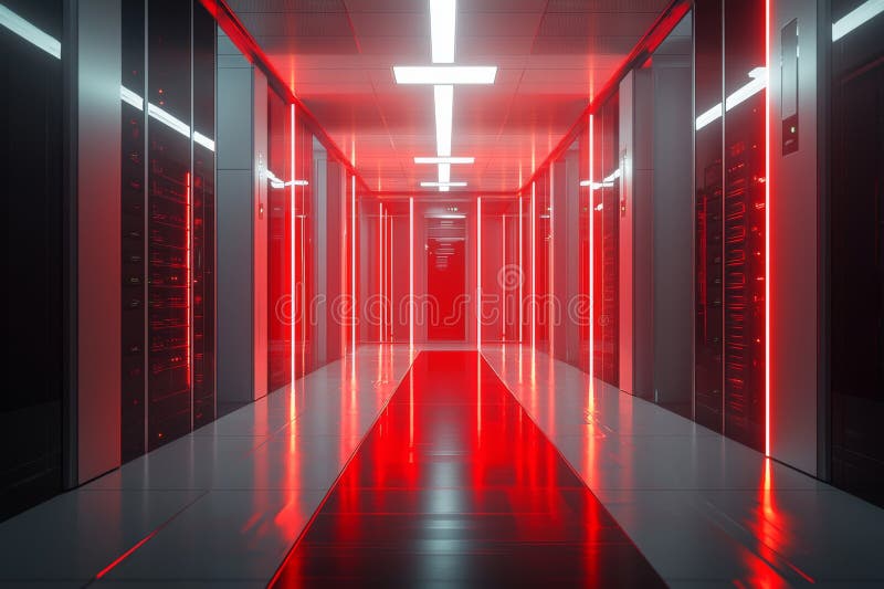 Data Center with Red LED Lights, Racks, and Reflective Flooring ...