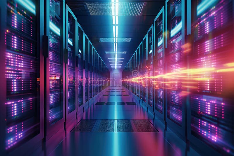 Data Center Room with Bright Speed Lights and Neon Accents. Servers and ...