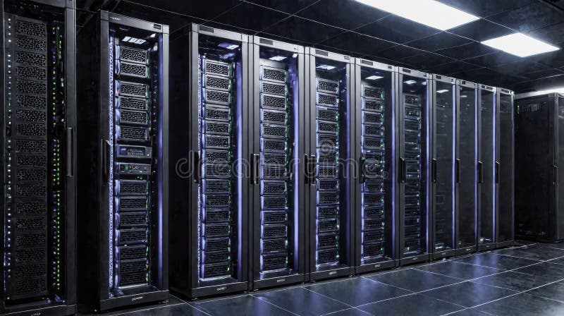 Data Center Room Filled with Tall Server Racks. the Black Servers with ...