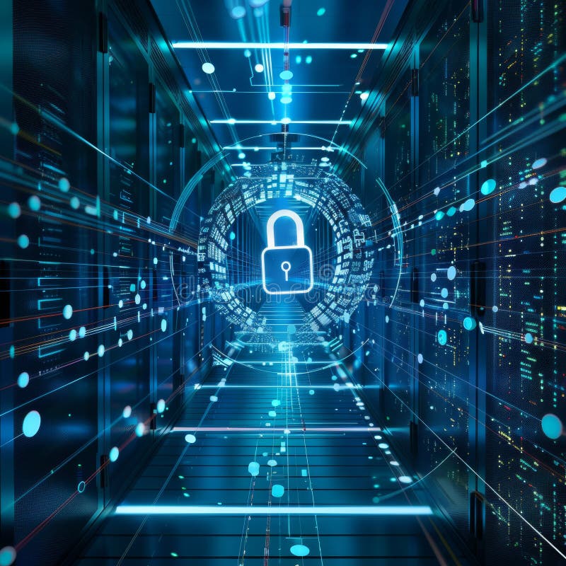 Data Center Room with Lock Symbol on the Wall. Cyber Security Concept ...