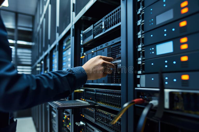 Data Center Room with Multiple Server Racks. it Professional Interacts ...