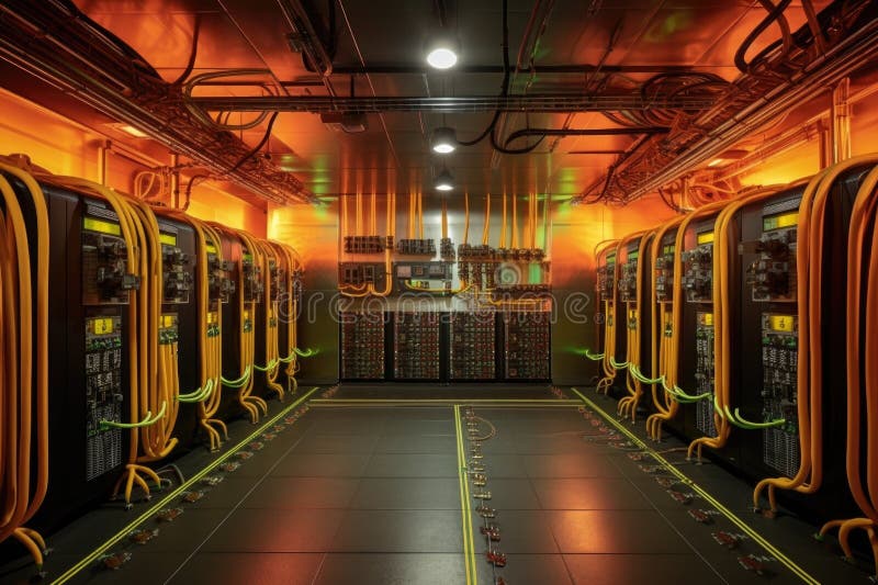 Data Center Room with Rows of Computers and Cables Stock Illustration ...