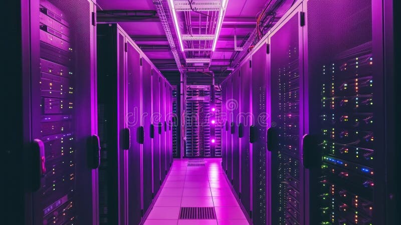 Data Center Room with Server in Pink Neon Glow Stock Illustration ...