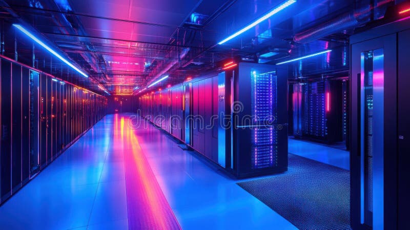 Data Center Room. Servers Sit in the Space. Bright Neon Lights Glow ...