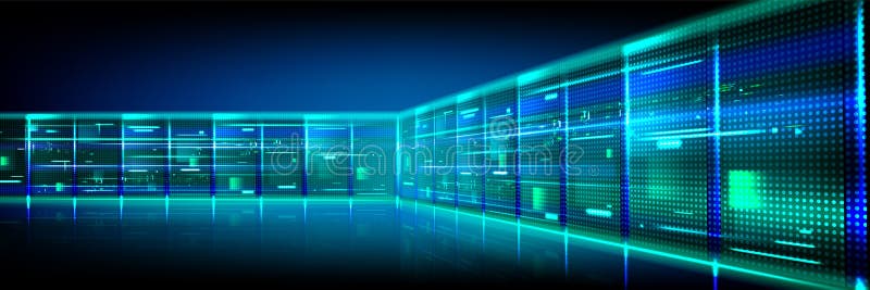 Data Center Room Tunnel with Neon Light Glow. Stock Illustration ...