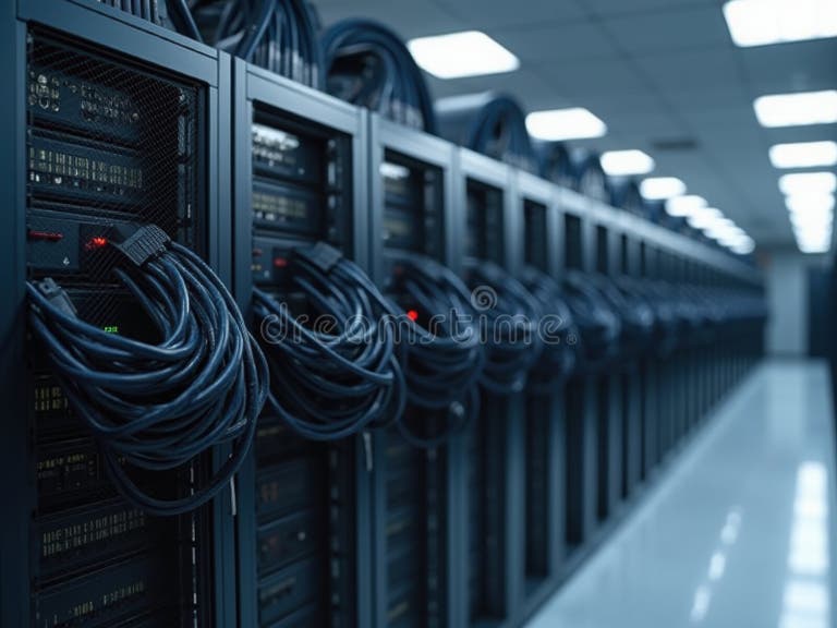 Data Center with Rows of Black Server Racks Connected by Numerous ...