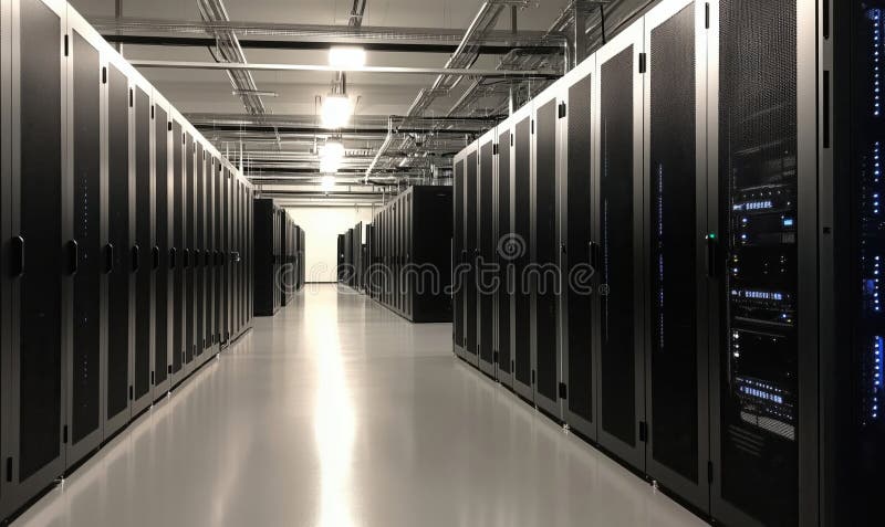 Data Center with Rows of Black Server Racks, Illuminated by Overhead ...