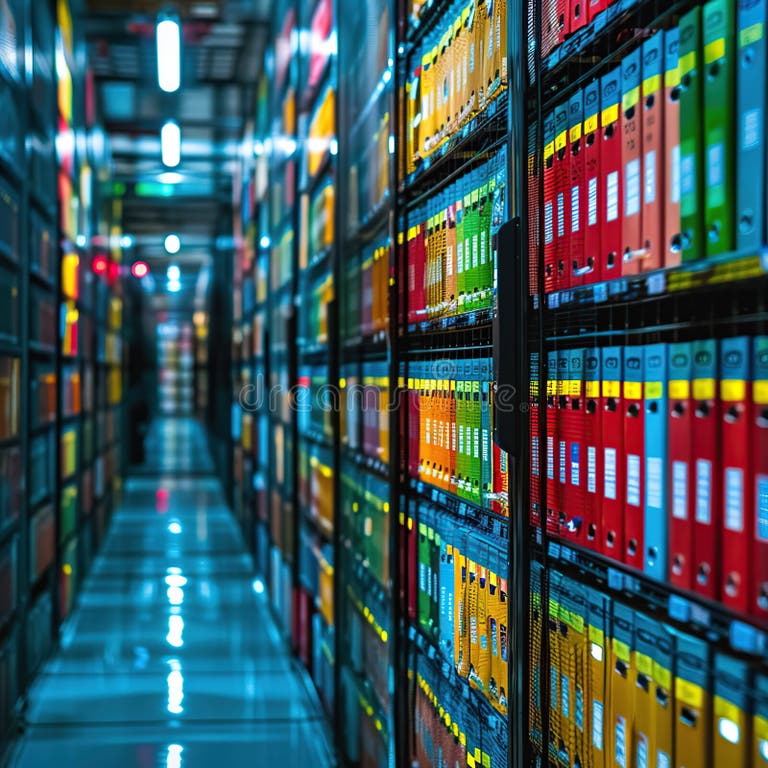 Data Center Rows with Colorful Server Racks Stock Illustration ...