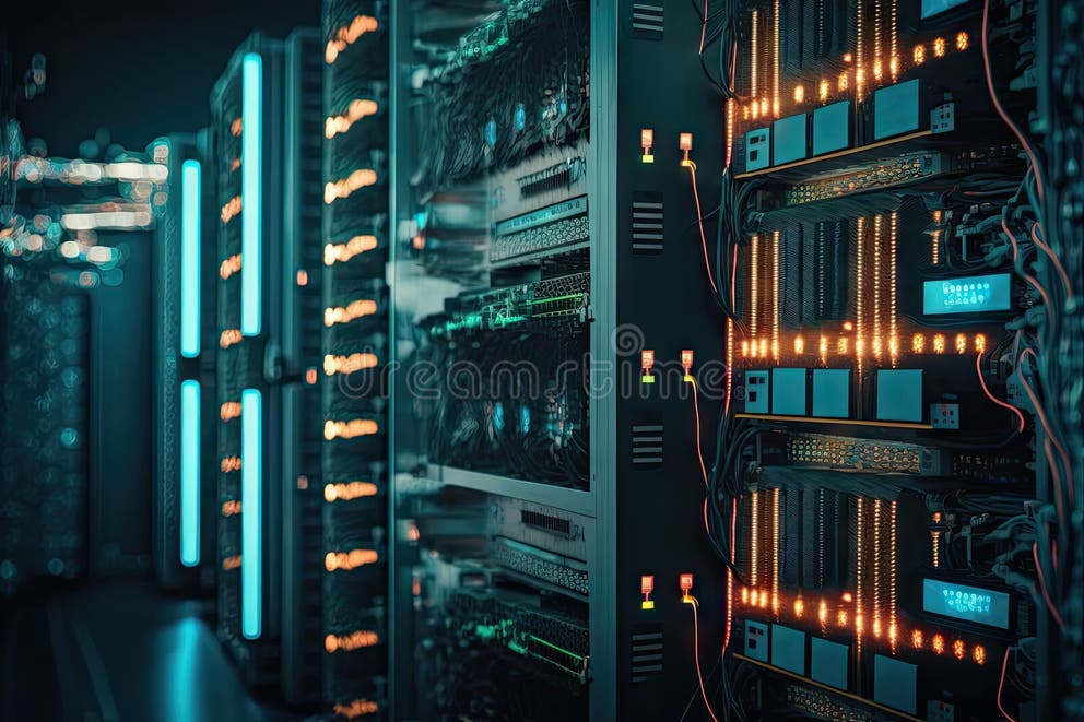 Data Center, with Rows of Computers and Flashing Lights, Mining ...