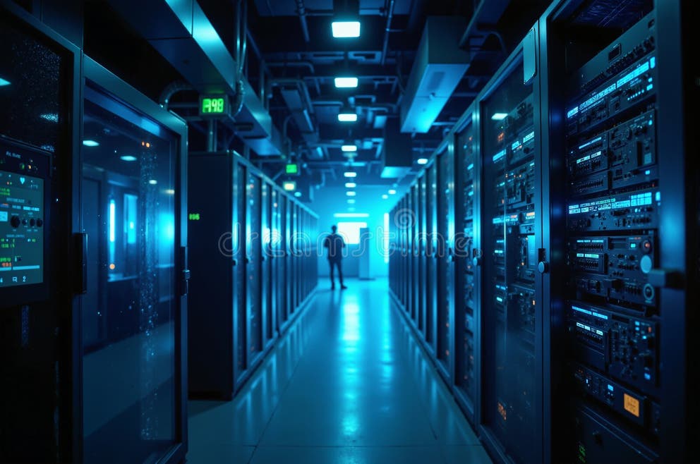 Data Center with Rows of Illuminated Server Racks and Flickering Status ...