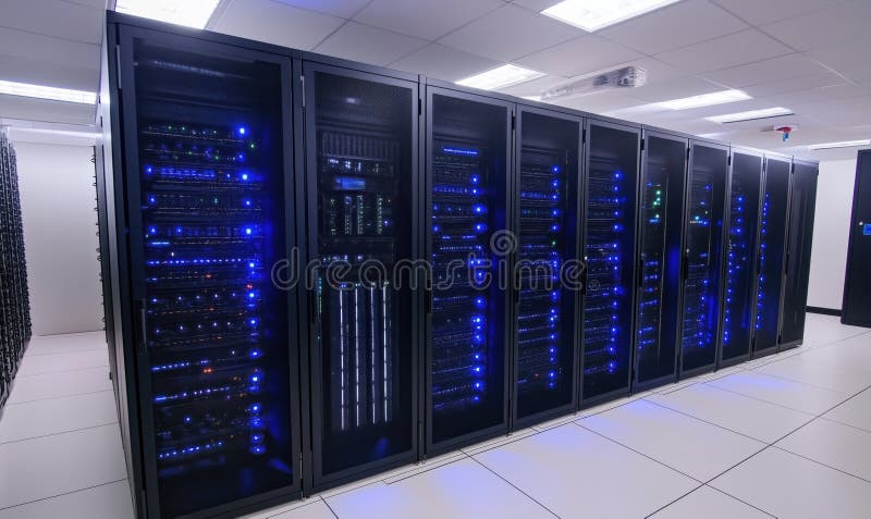 Data Center with Rows of Illuminated Server Racks Showcasing Advanced ...