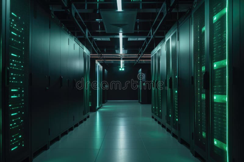 Data Center with Rows of Server Racks and Blinking Lights Stock ...