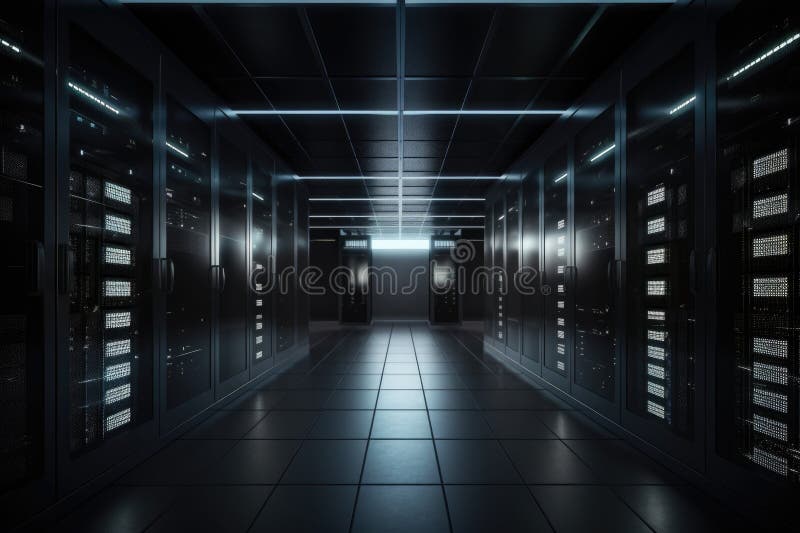 Data Center with Rows of Server Racks and Blinking Lights Stock ...
