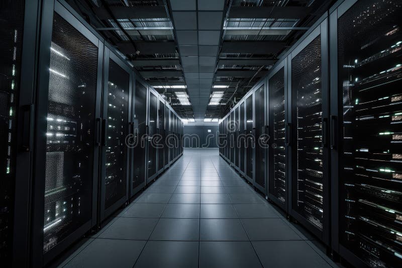 Data Center with Rows of Server Racks and Cooling Systems Visible Stock ...