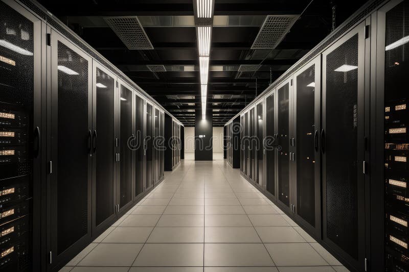 Data Center with Rows of Server Racks and Cooling Systems Visible Stock ...