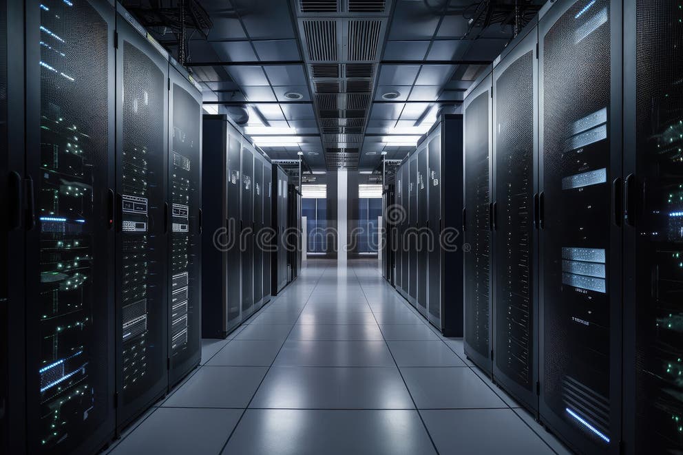 Data Center with Rows of Server Racks, Each Containing Dozens of ...