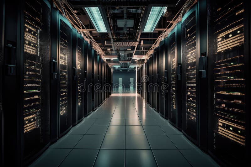 Data Center with Rows of Server Racks, Each Containing Dozens of ...