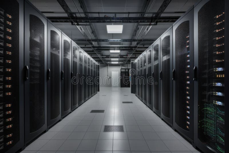 Data Center with Rows of Server Racks, Each Housing Dozens of Servers ...
