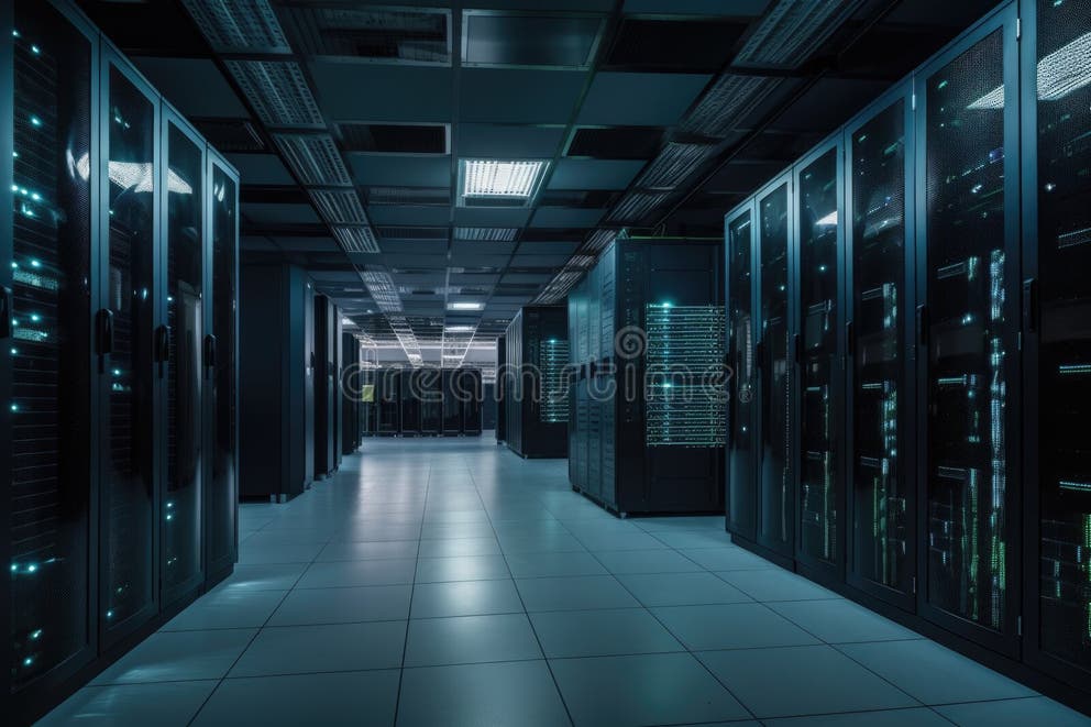 Data Center with Rows of Server Racks, Each Housing Dozens of Servers ...