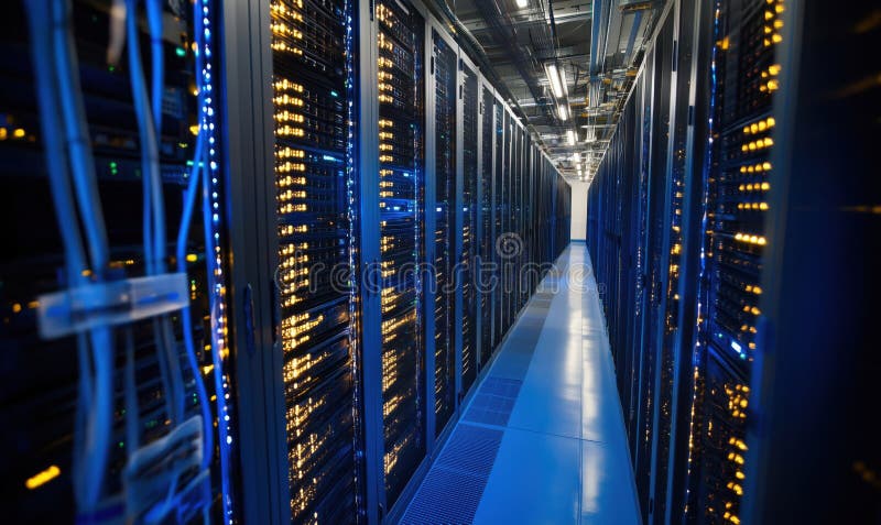 Data Center with Rows of Server Racks Illuminated by Blue Lights ...