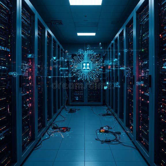 A Data Center with Rows of Server Racks Illuminated by LED Lights. Blue ...