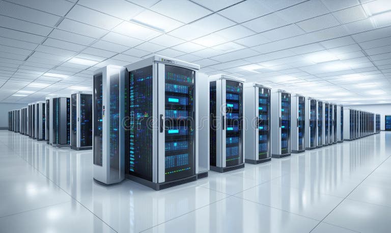 Data Center with Rows of Server Racks, Modern Technology, Bright ...