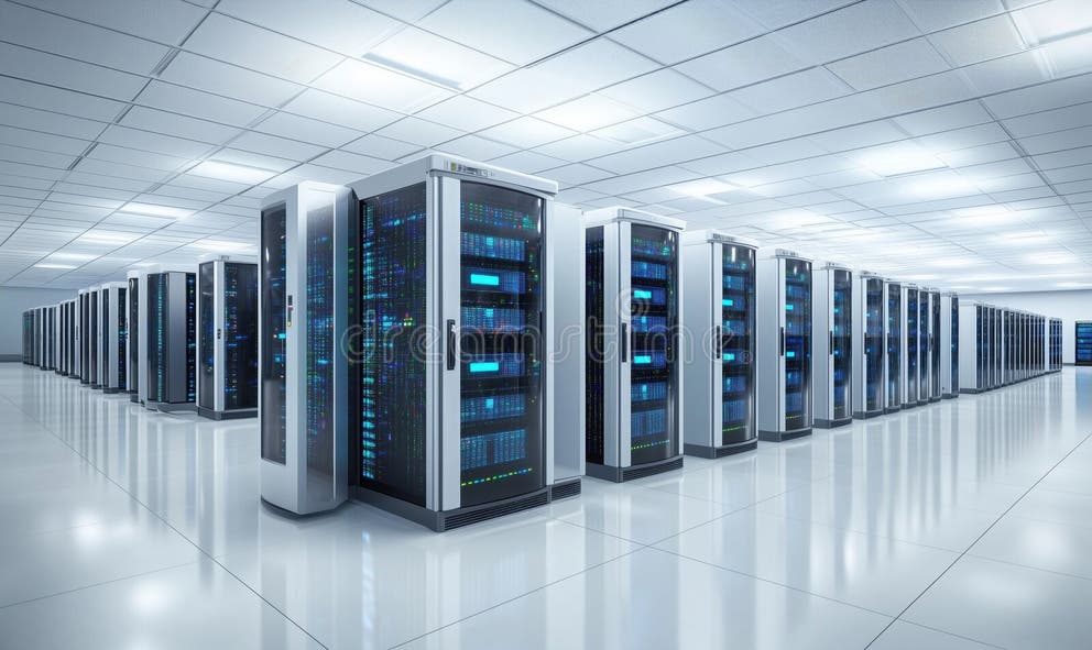 Data Center with Rows of Server Racks, Modern Technology, Bright ...