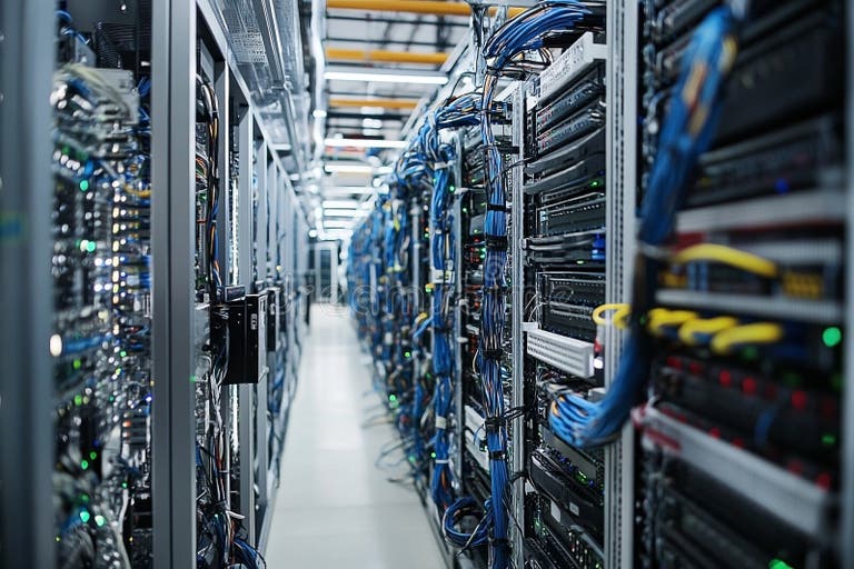 Data Center with Rows of Server Racks, Network Cables, and Cooling ...