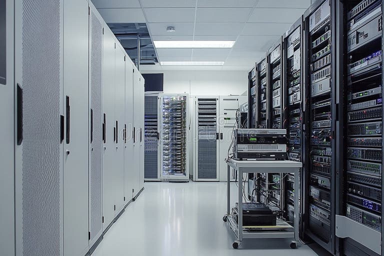 Data Center with Rows of Server Racks for Storing Digital Information ...
