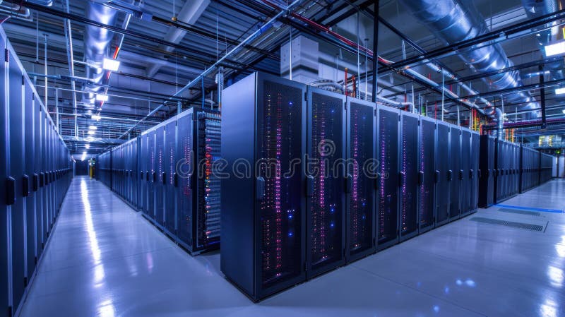 Data Center with Rows of Servers and Advanced Cooling Systems Stock ...