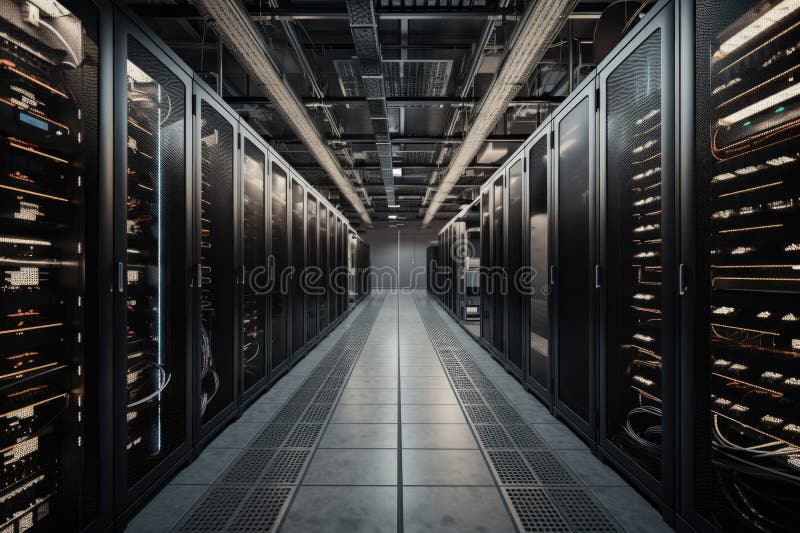 Data Center, with Rows of Servers and Cables Visible, and View of the ...