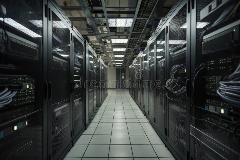 Data Center, with Rows of Servers and Cables Visible, and View of the ...