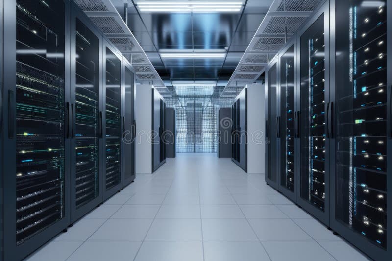 Data Center with Rows of Servers, Each in Its Own Cabinet Stock ...