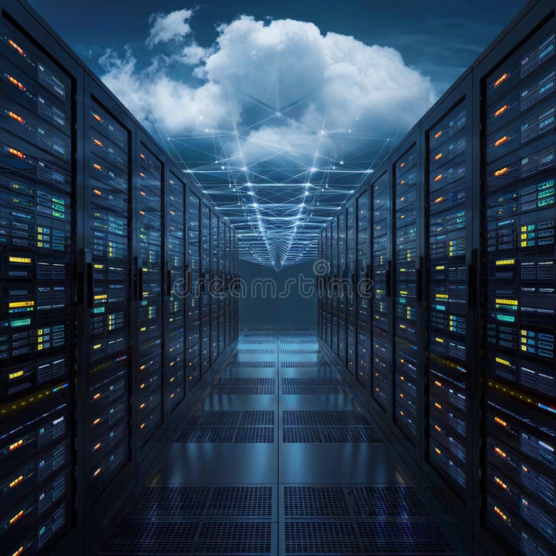 Data Center with 2 Rows of Servers Servers are Glowing with Lights ...