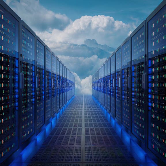 Data Center with 2 Rows of Servers Servers are Glowing with Lights ...