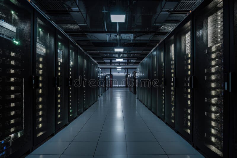Data Center with Rows of Servers and Towering Cooling Equipment Stock ...