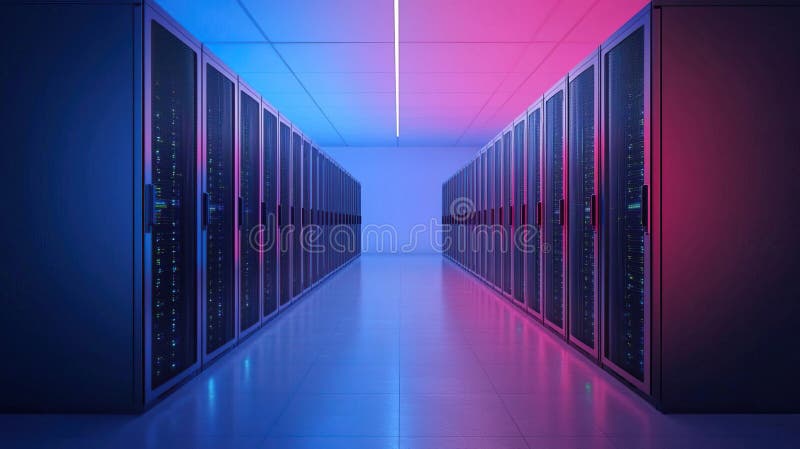 Data Center Scene with Rows of Operational Server Racks Illuminated by ...