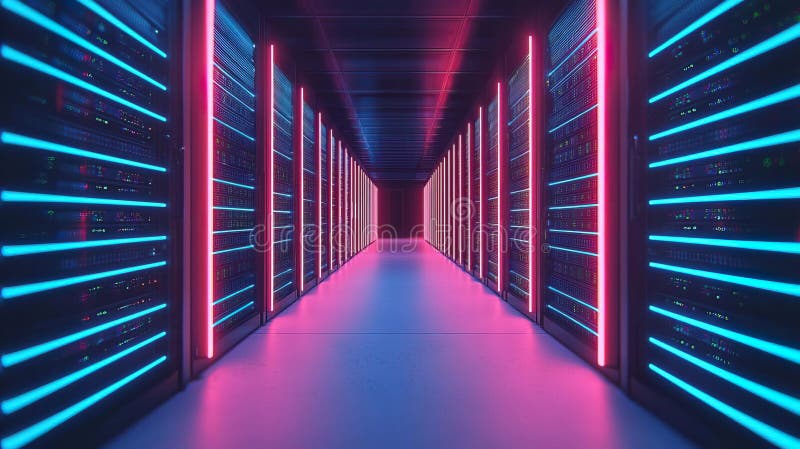Data Center Scene with Rows of Operational Server Racks Illuminated by ...