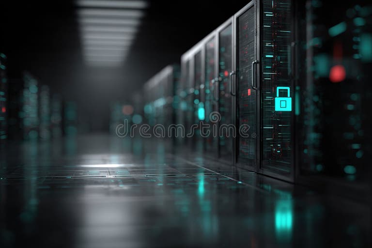 Data Center with Secure Server Racks Illuminated by Glowing Lights in a ...