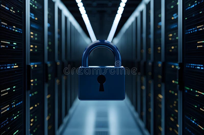Data Center Security Padlock Icon in Server Room Stock Illustration ...