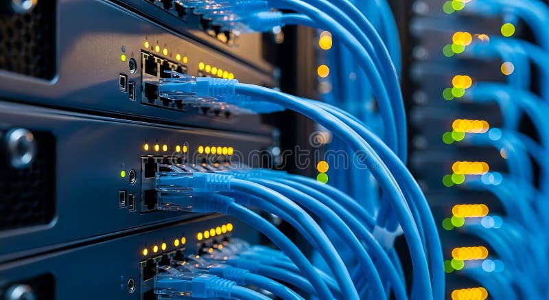 Data Center Server Rack with Blue Network Cables for Data Transfer ...