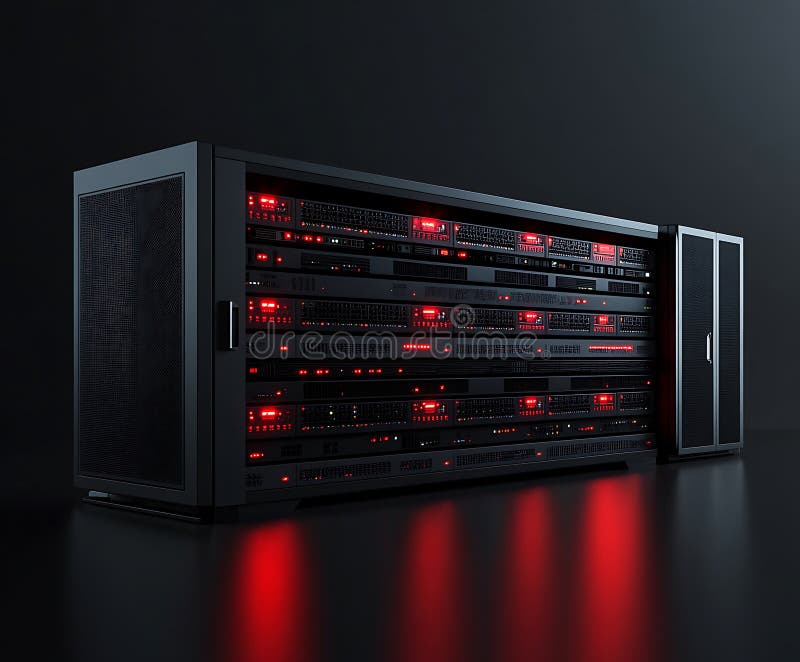 Data Center Server Rack with Red Lights Reflecting on Floor for it ...