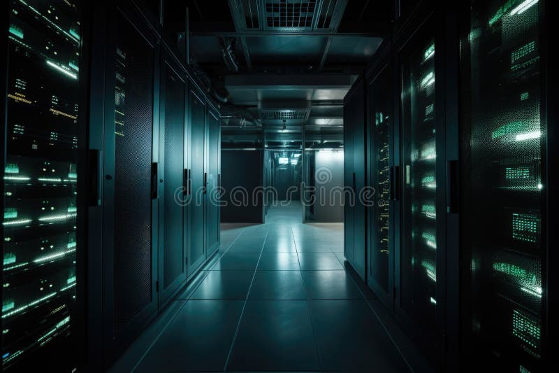 Data Center with Server Racks and Blinking Lights, Showing the Inner ...