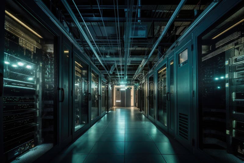 Data Center with Server Racks and Blinking Lights, Showing the Inner ...