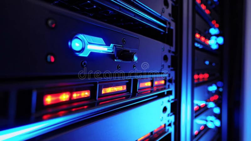Data Center Server Racks with Blue and Red LED Lights Stock Footage ...