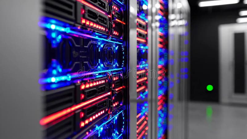 Data Center Server Racks with Blue and Red LED Lights Stock Video ...