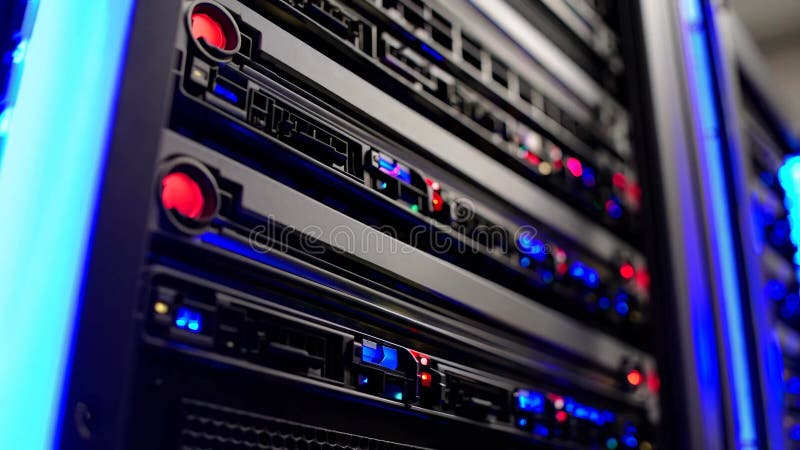 Data Center Server Racks with Blue and Red LED Lights Stock Footage ...